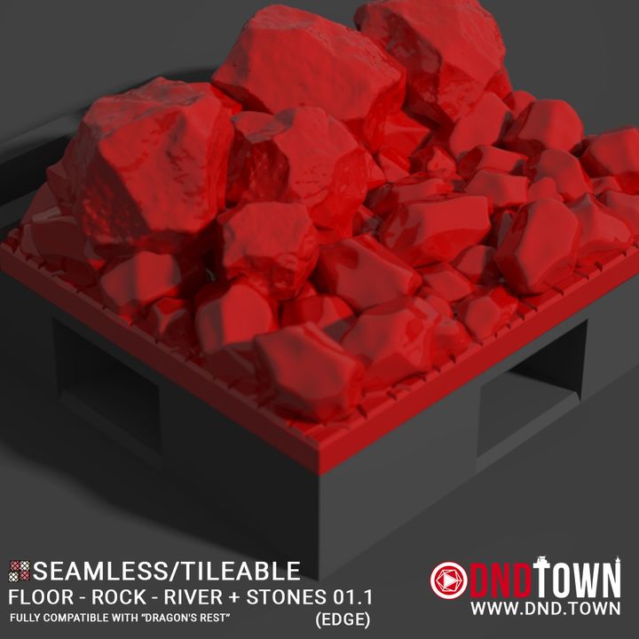 3D Printable Floor - Stone - River + Rocks - Edge 01.1 (ERODED) - 3D Modular Dungeon Tile - DnD ...